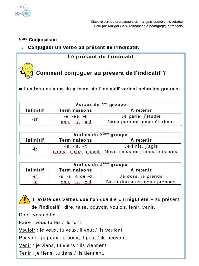 5ème Conjugaison Le Présent de Lindicatif 1 | PDF | Verbe | Morphologie ...
