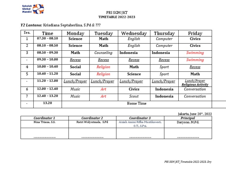 DRY-PRI SGM JKT - 22-23 - Class Timetable Y2 Lantana | PDF