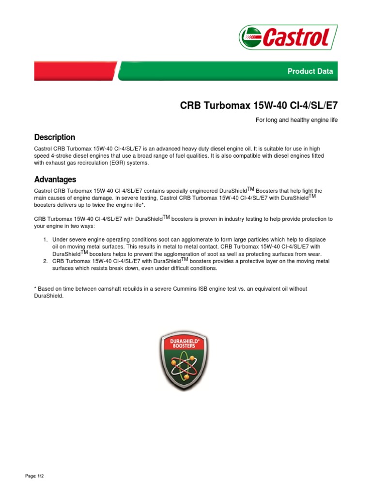 CRB Turbomax 15w40 Ci4 SL E7 Pds | PDF | Motor Oil | Chemistry