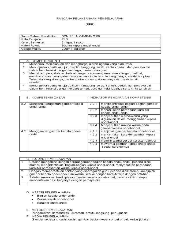 RPP PLBJ Kelas 3 Bab Ondel-Ondel | PDF | Karier & Perkembangan | Seni & Disiplin Bahasa