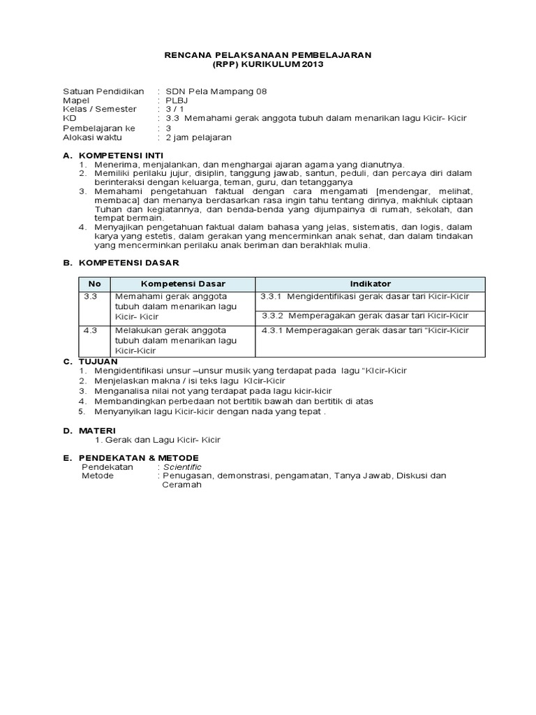 RPP PLBJ Kelas 3 Bab Tari Kicir-Kicir | PDF | Seni & Disiplin Bahasa