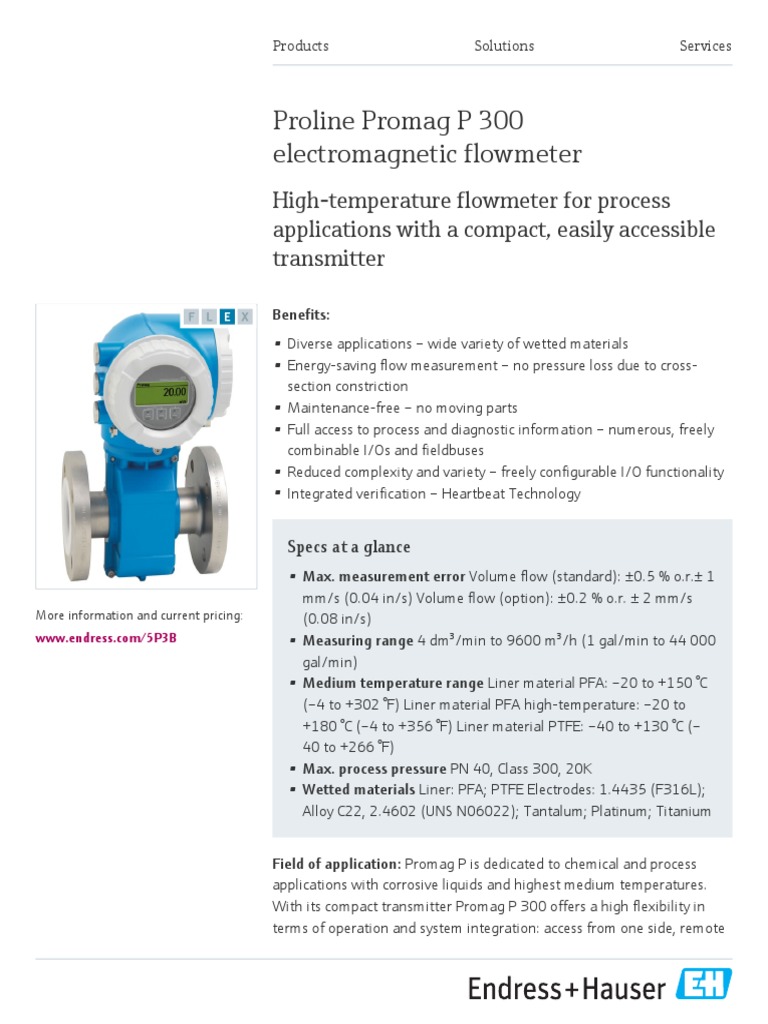 Proline Promag P 300 Flowmeter Specs | PDF | Flow Measurement | Metrology