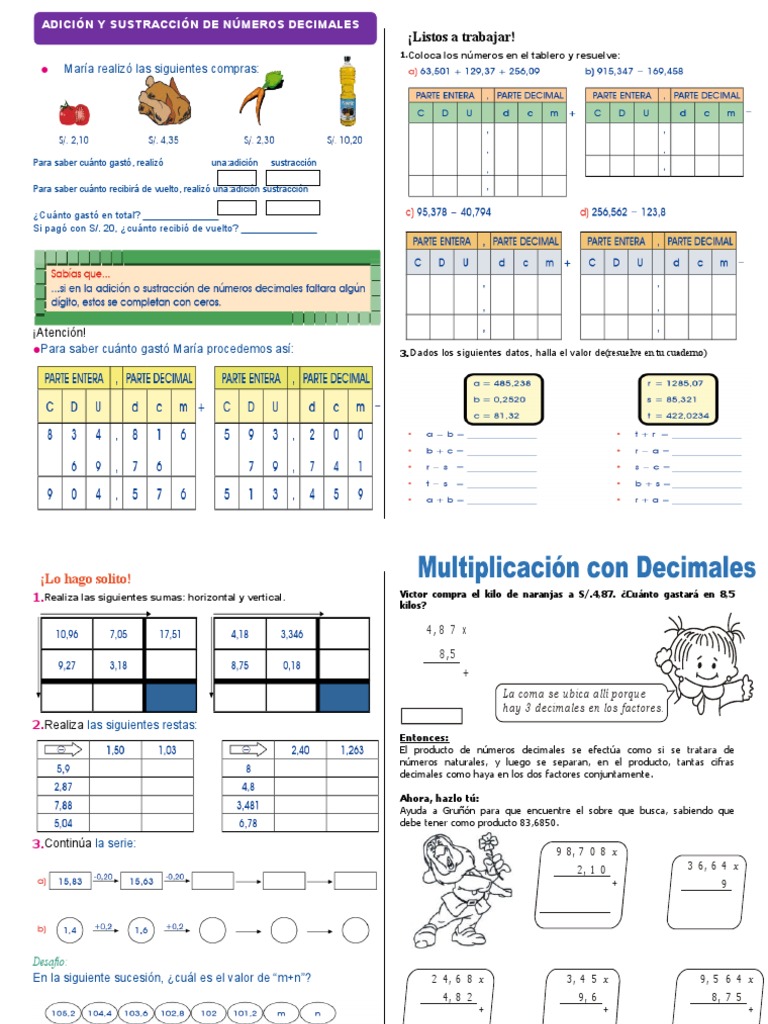 Suma y Resta de Decimales | PDF | Sustracción | Matemáticas