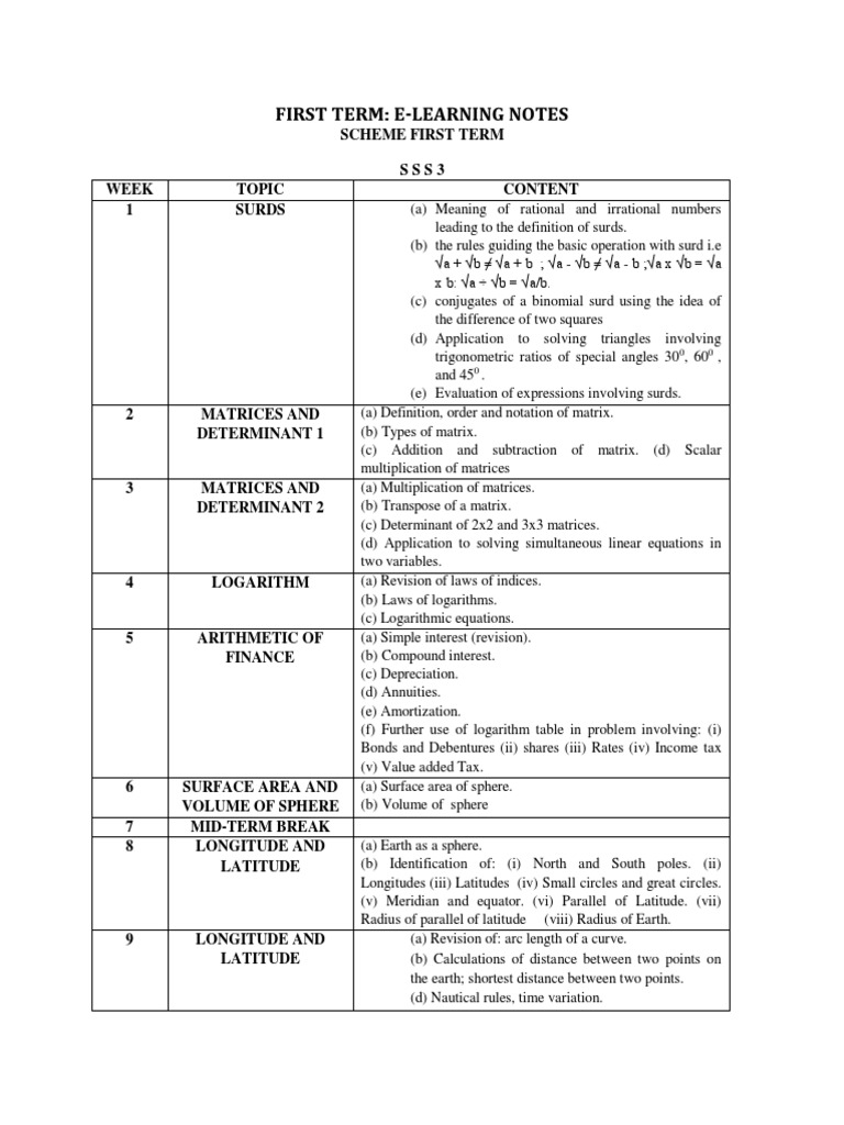 SS3 Maths 1st Term Lesson Note PDF | PDF | Quadratic Equation | Matrix ...