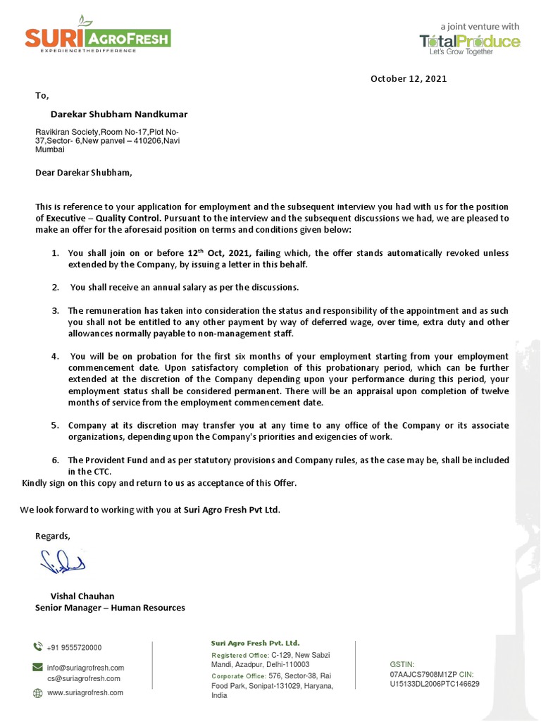 Offer Letter - Mr. Darekar Shubham | PDF | Employment | Business