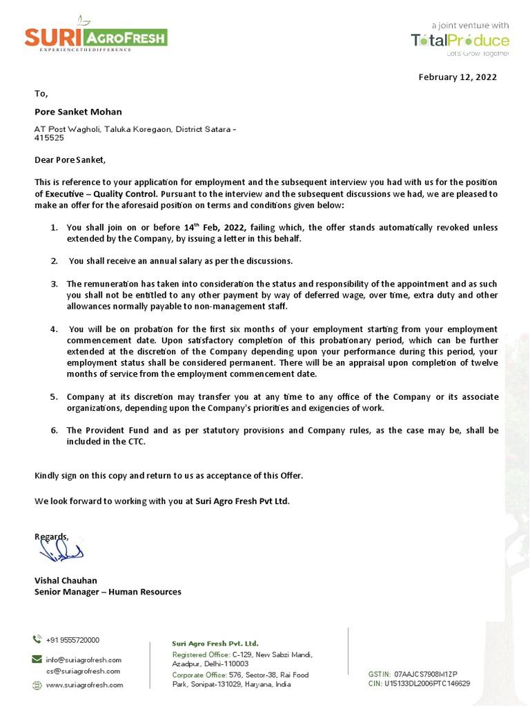 Quality Control Executive Offer Letter | PDF | Employment | Justice