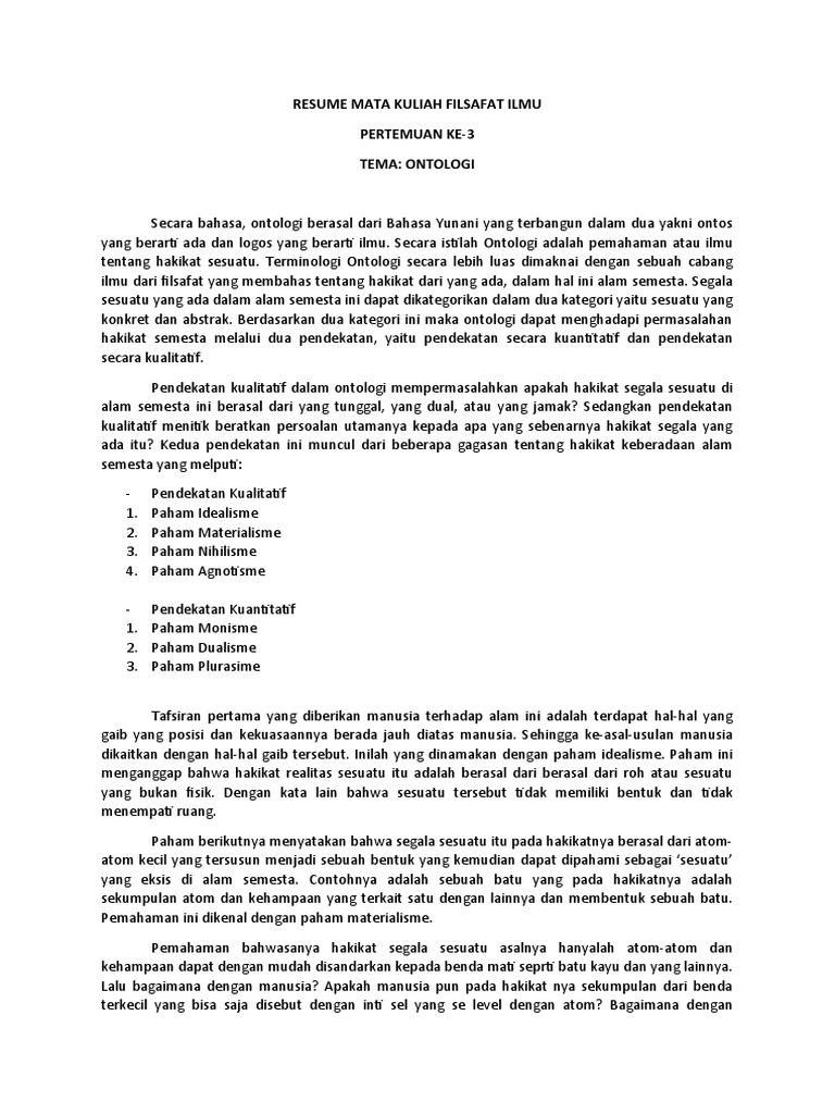 RESUME MATA KULIAH FILSAFAT ILMU - Ontologi | PDF