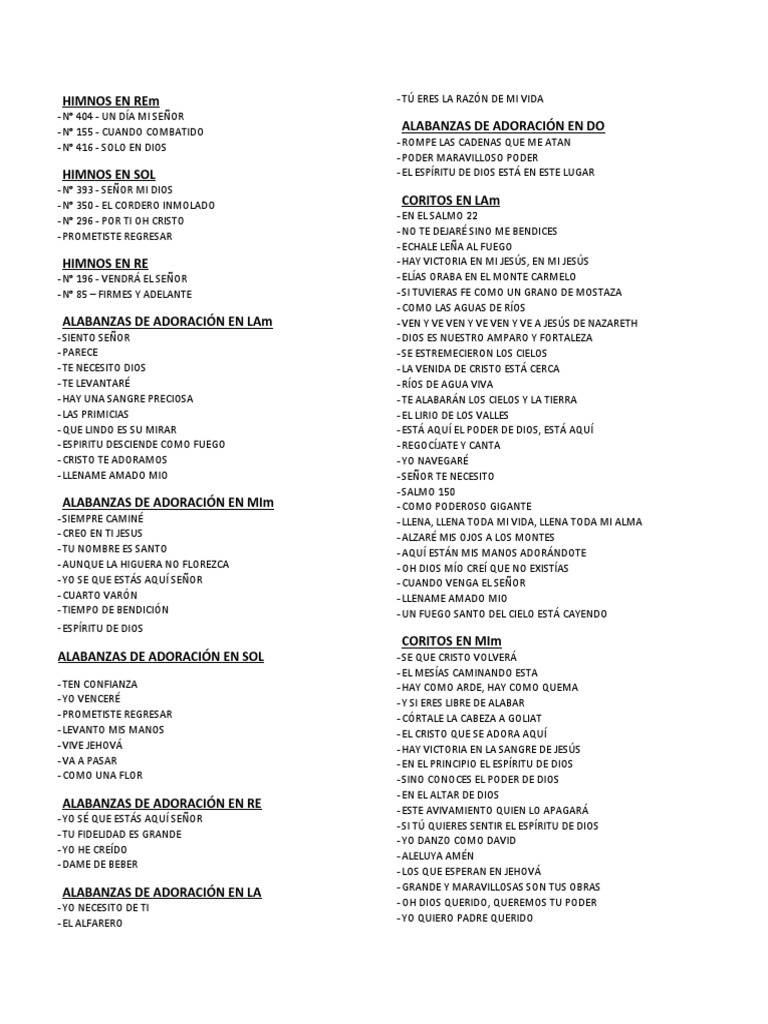 Listado de Himnos, Alabanzas y Coritos | PDF | Jesús | Cristo (título)