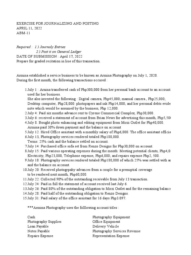 Accounting Cycle of a Service Business-exercise (1) | PDF | Debits And ...