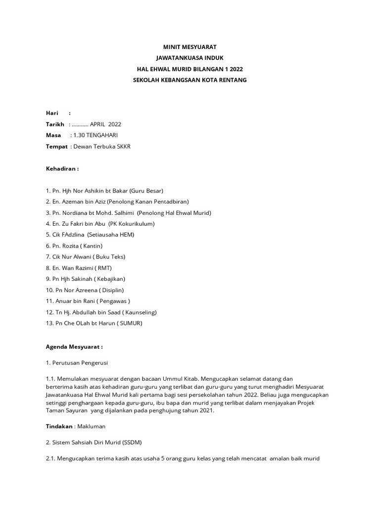 Minit Mesyuarat Induk Hem 2022 | PDF