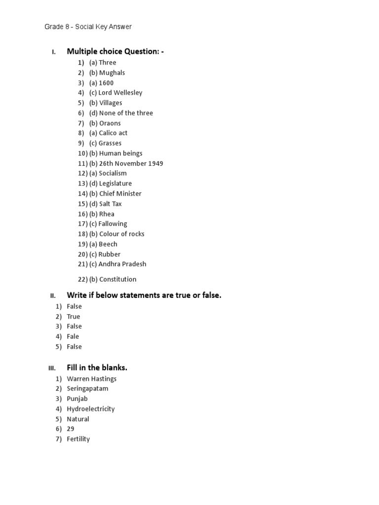Grade 8 - Social Key Answer | PDF | Agriculture | Natural Environment