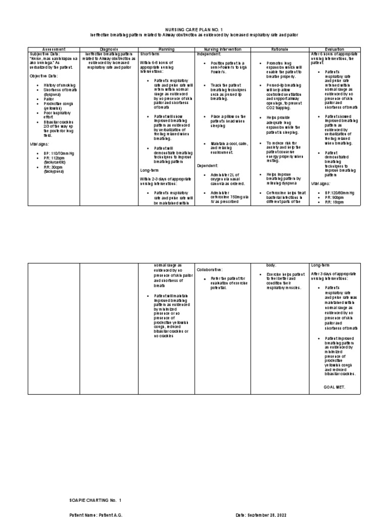 NCP 1 AND SOAPIE 1) Ineffective Breathing Pattern | PDF | Breathing | Respiratory System