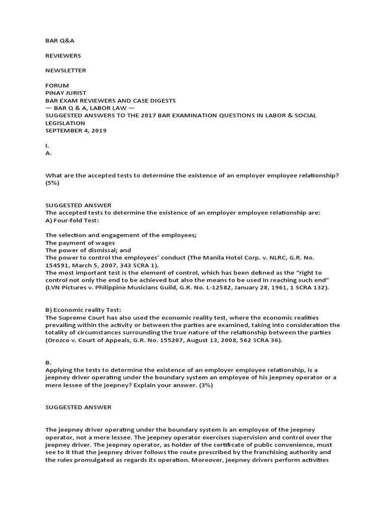 Suggested Answers To The 2017 Bar Examination Questions in Labor ... Suggested Answers To The 2017 Bar Examination Questions in Labor ...