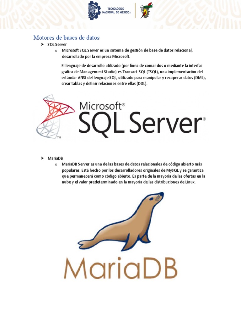 Investigación de Motores de Bases de Datos | PDF | Servidor SQL de Microsoft | Mi sql