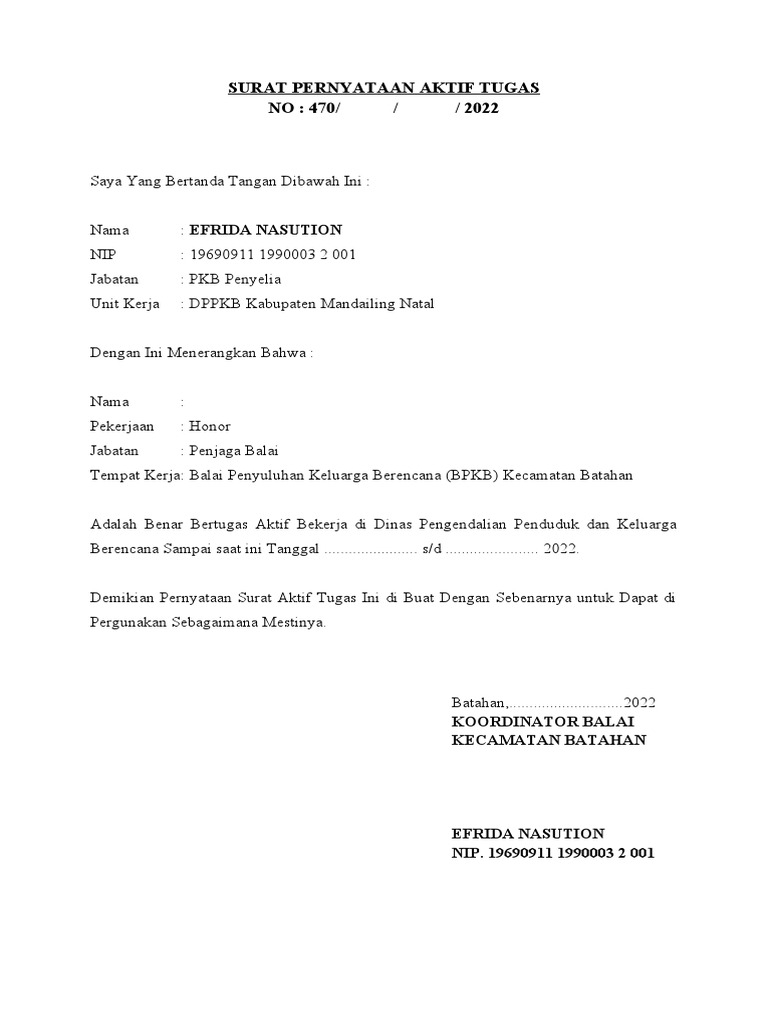 Surat Aktif Tugas DPPKB Batahan | PDF