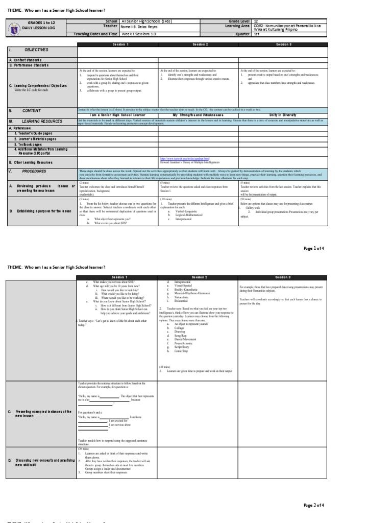 SHS DLL Week 1 | Download Free PDF | Teachers | Learning
