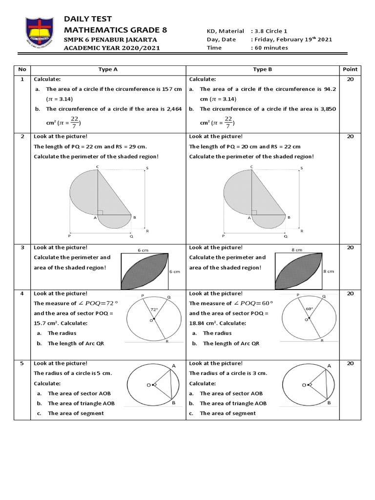 Eighth Grade Mathematics Test on Circles | PDF | Area | Circle