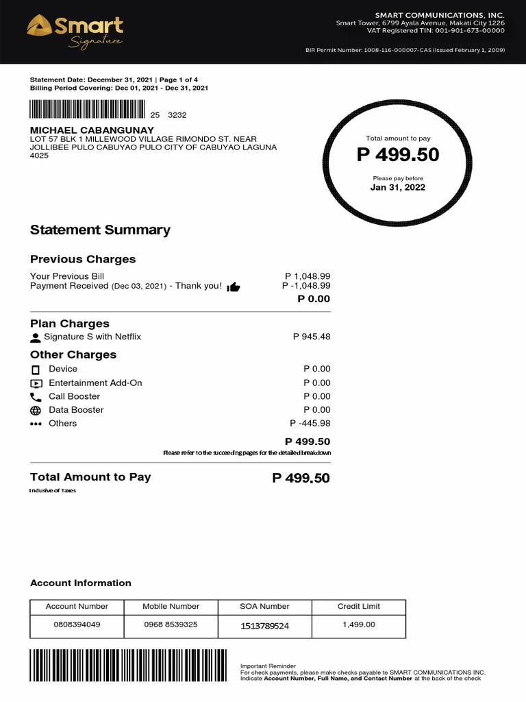 December 2021 Billing Statement for Michael Cabanguay | PDF | Receipt ...
