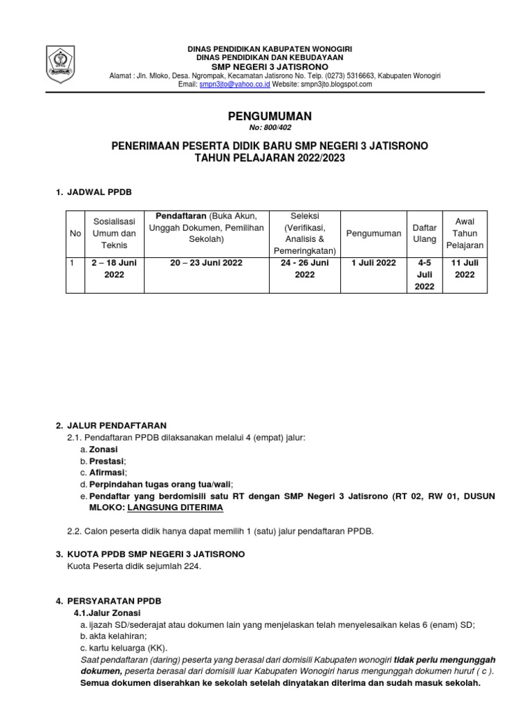 Informasi PPDB SMPN 3 Jatisrono 2022-2023 | PDF