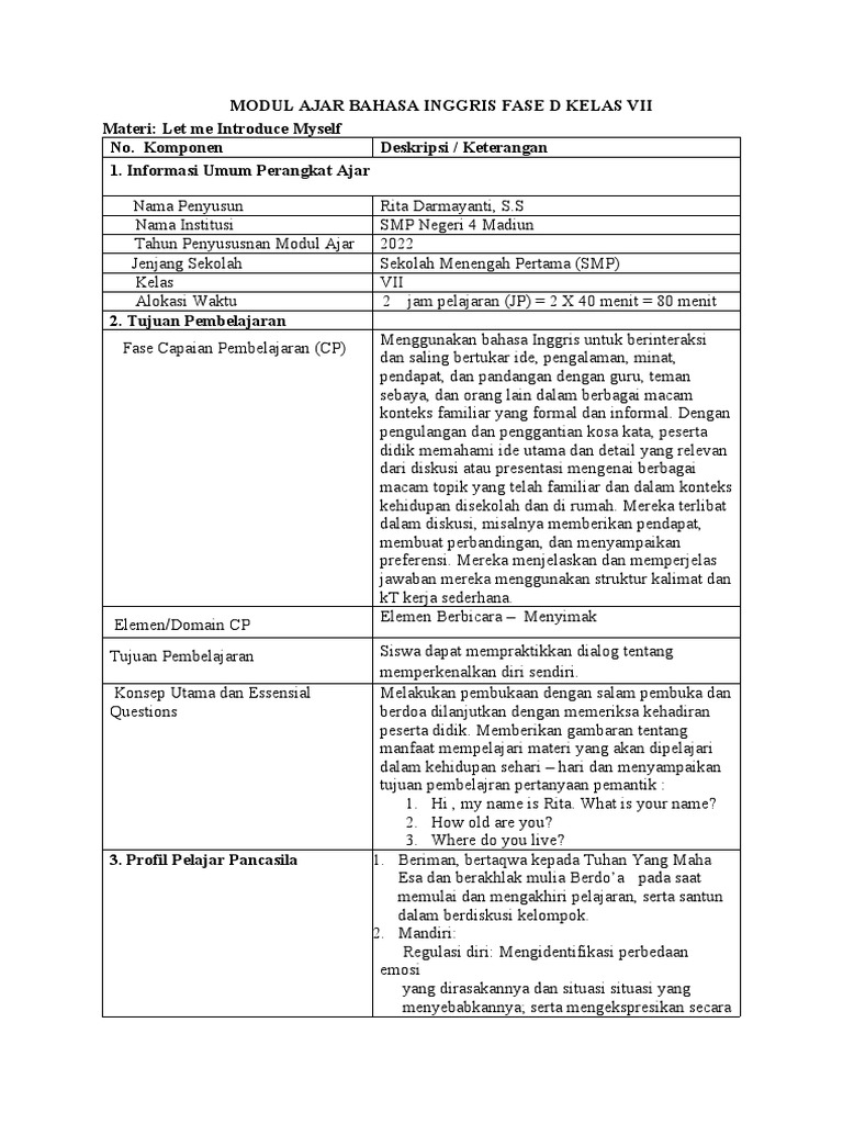Modul Ajar Bahasa Inggris Fase D Kelas Vii | PDF