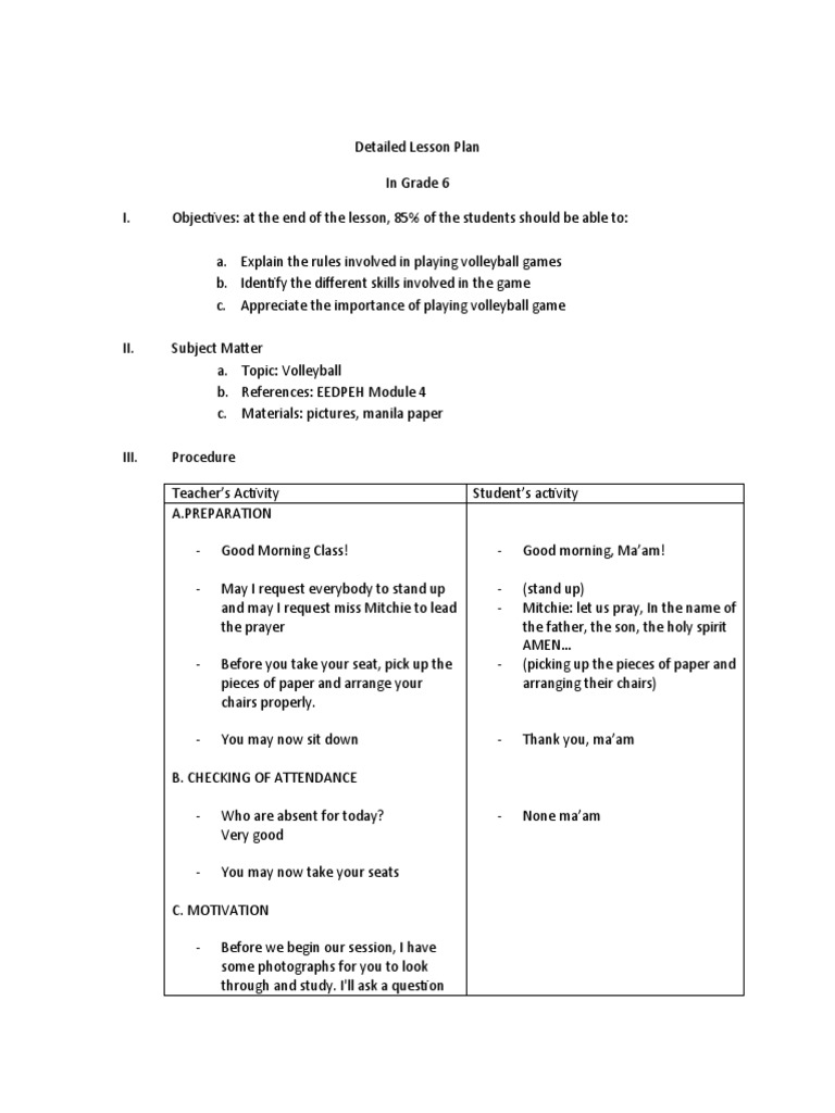 Detailed Lesson Plan (PE) | PDF | Volleyball | Ball Games