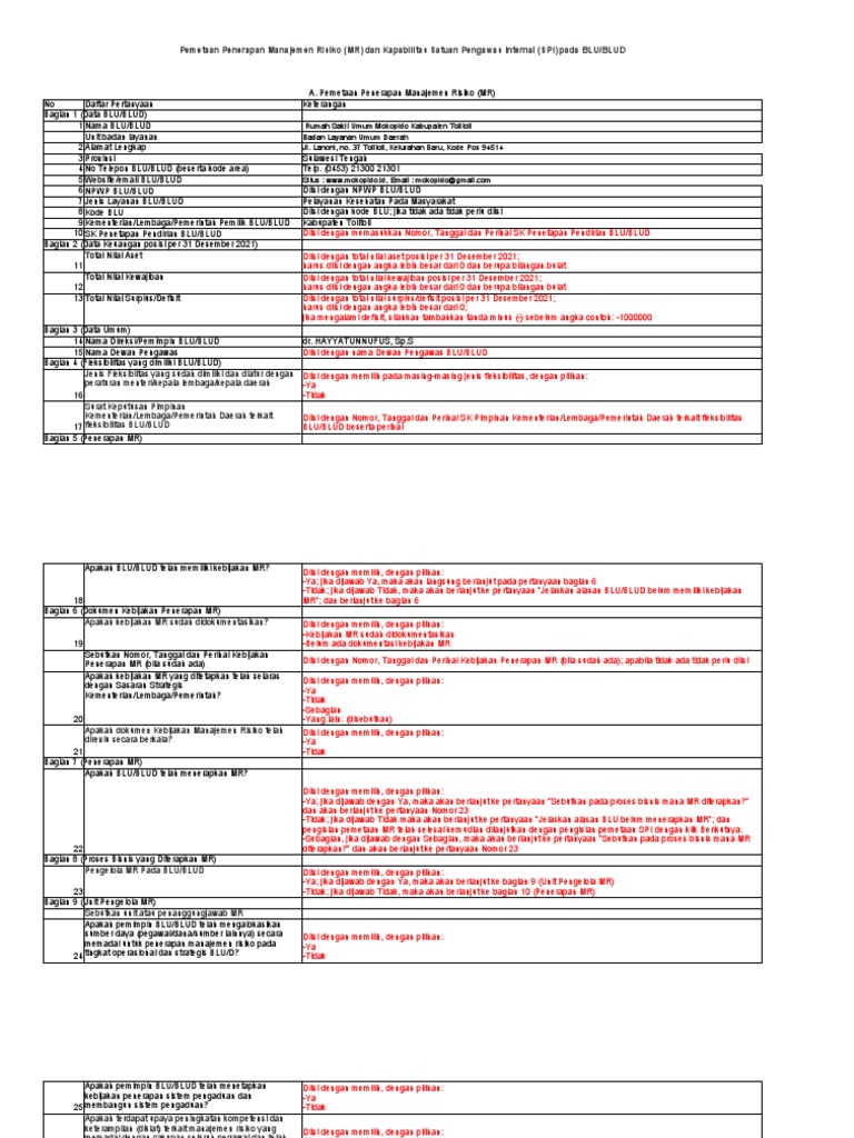 List Pertanyaan Form Mapping MR Dan SPI BLU Dan BLUD | PDF | Bisnis