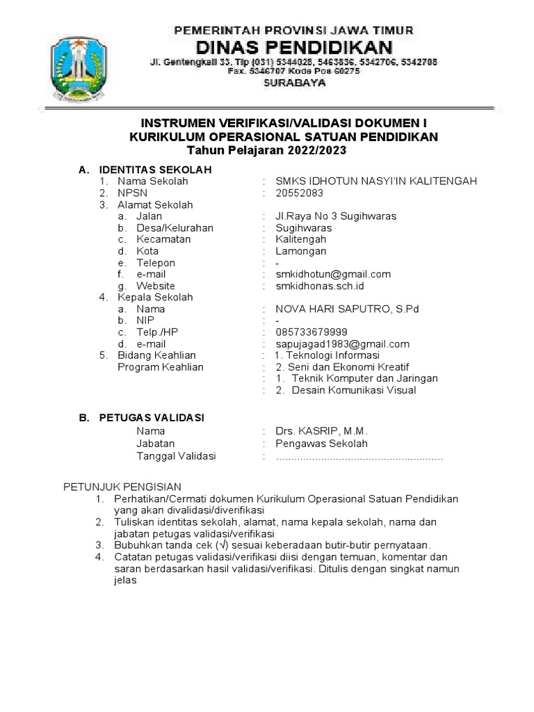 INSTRUMEN VERVAL KOSP SMK 2022 - Revisi | PDF