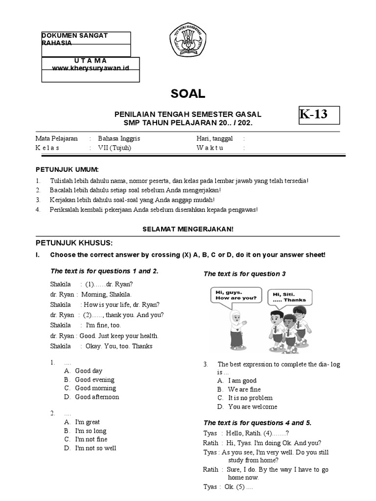 3 - Soal PTS Gasal 7 - Bahasa Inggris (WWW - Kherysuryawan.id) | PDF | Medical Specialties ...