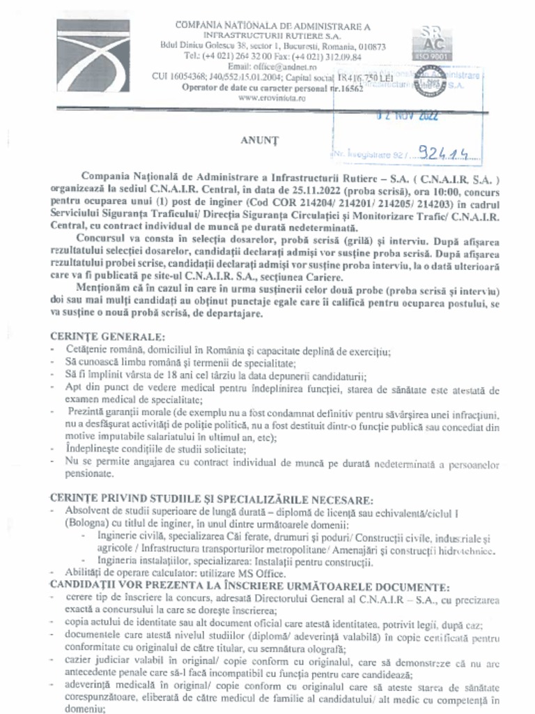 Anunț Concurs | PDF