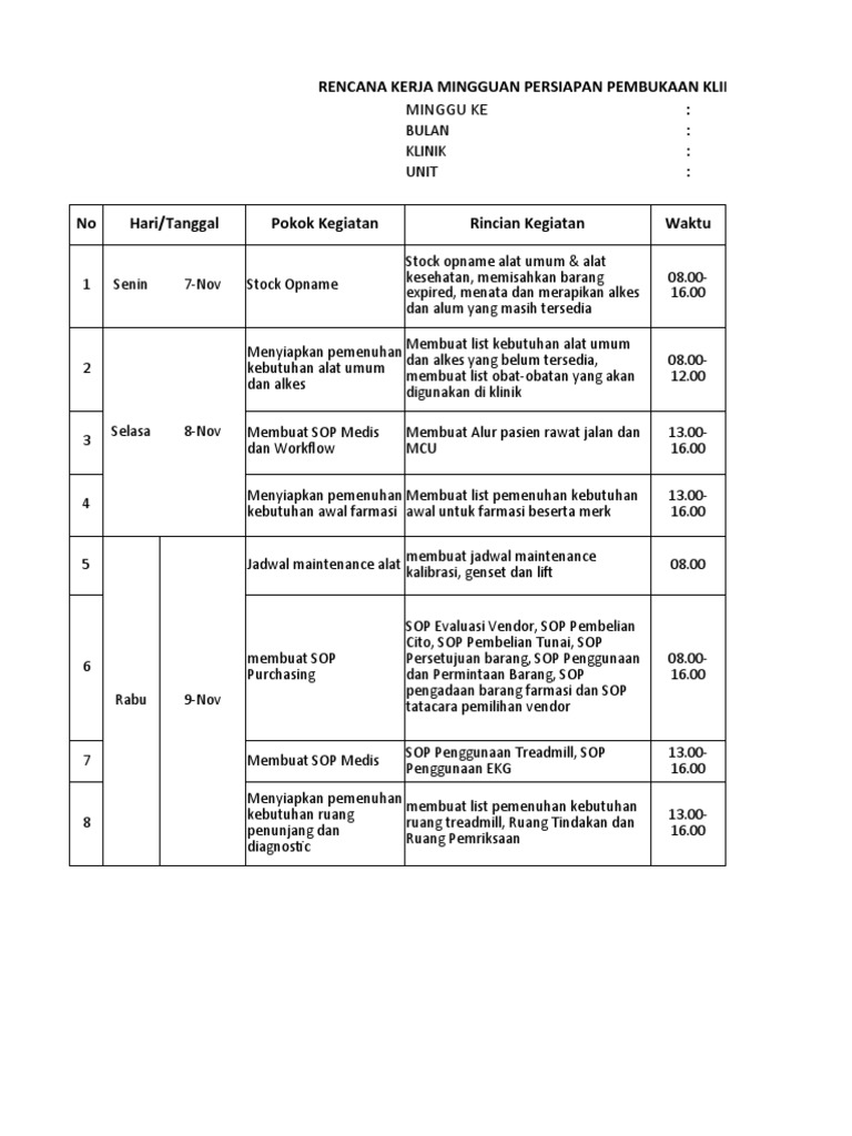 Rencana Kerja Mingguan | PDF