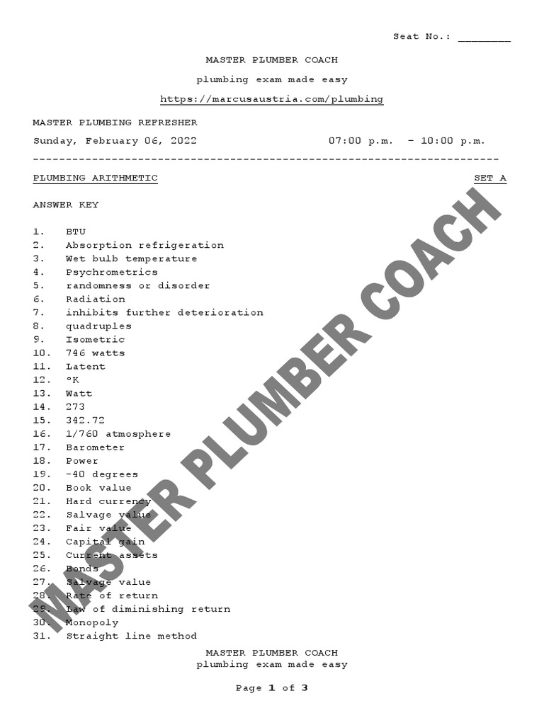 Plumbing Arithmetic Refresher SET A - ANSWER KEY | PDF | Axiom | Money