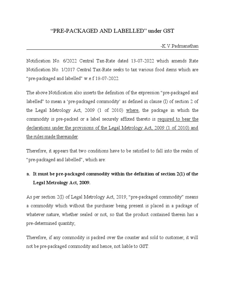 GST On Pre-Package and Labelled | PDF | Retail | Value Added Tax