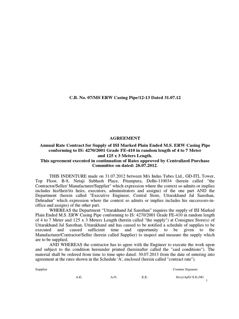 CPC Rates Uttarakhand Jal Sansthan Casing Pipe Rate Contract | PDF ...