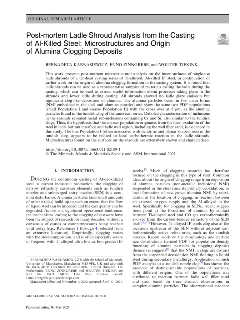Post-Mortem Ladle Shroud Analysis From The Casting of Al-Killed Steel: Microstructures and ...