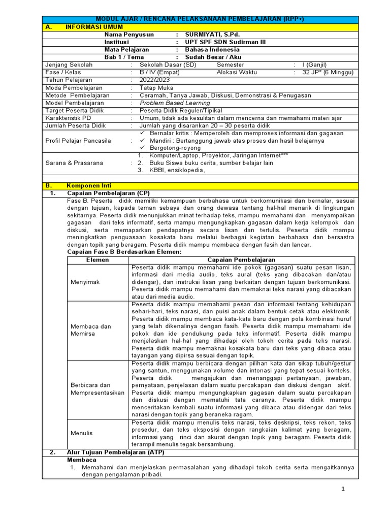 RPP Bindo Kls IV Sms 1 | PDF | Karier & Perkembangan