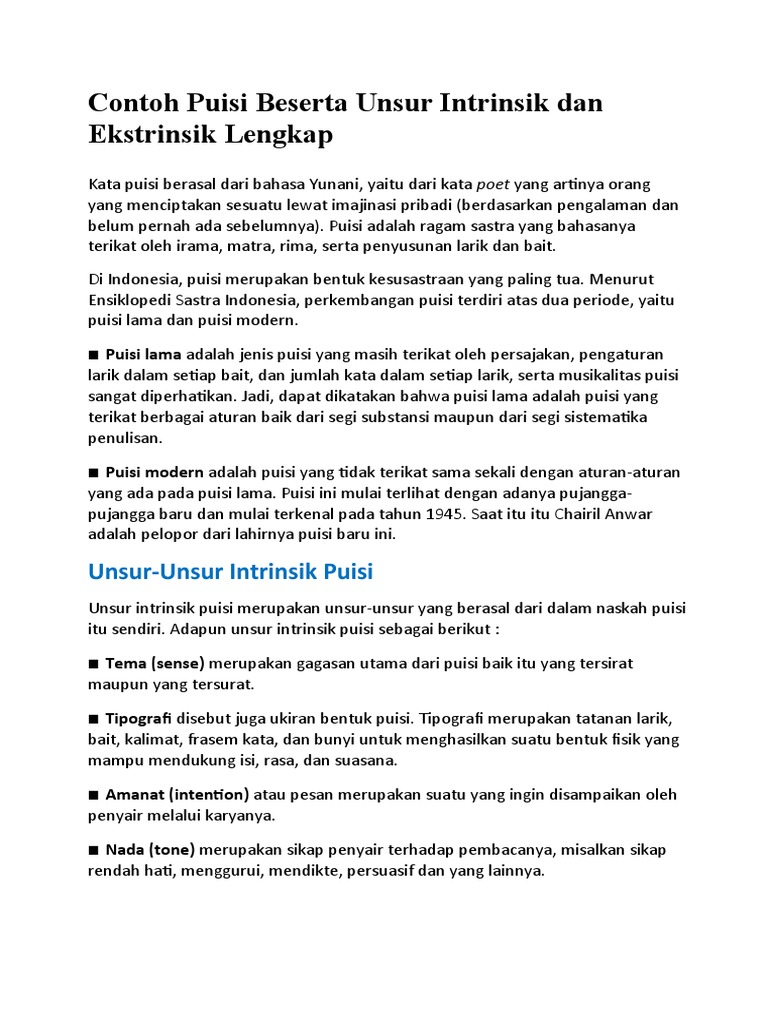 Contoh Puisi Beserta Unsur Intrinsik Dan Ekstrinsik Lengkap | PDF