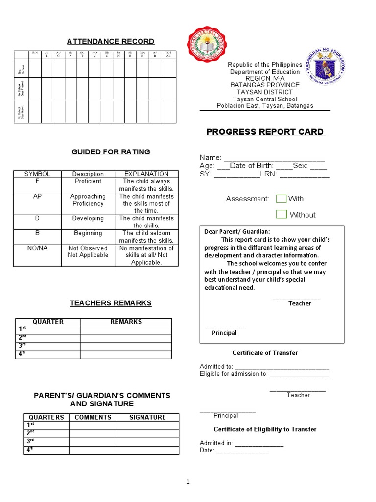 Progress Report Card | PDF | Drawing | Attention