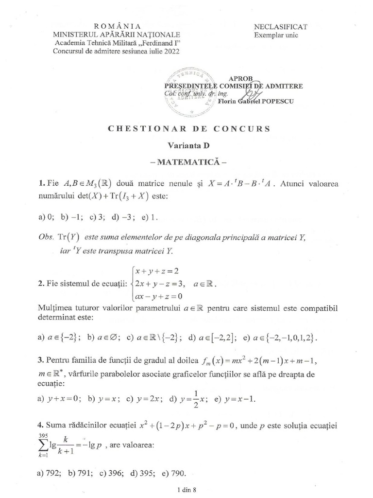 Chestionar Concurs - Varianta D - 2022 | PDF