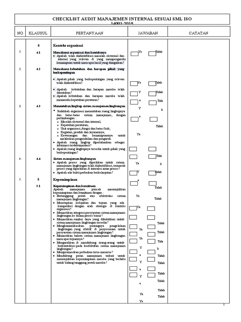 Ceklist Audit ISO 14001-2015 Internal | PDF