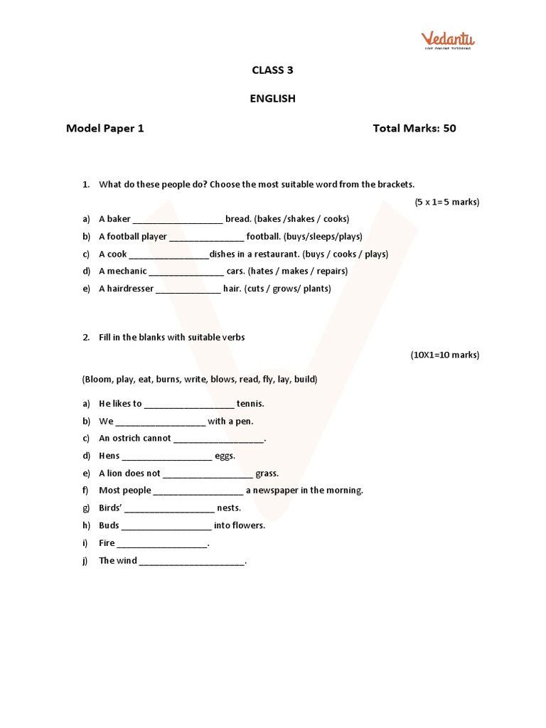CBSE Sample Papers For Class 3 English - Mock Paper 1 | PDF | English ...