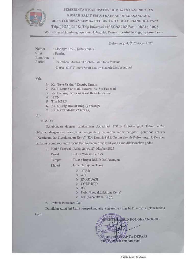 Undangan Pelatihan k3 Rs | PDF