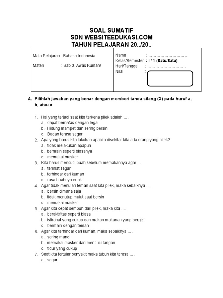 Soal Sumatif B.indo Kelas 1 Bab 3 Awas Kuman | PDF