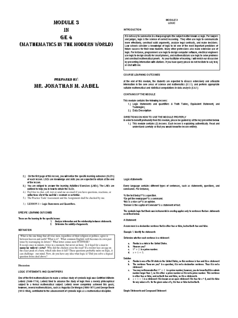 Logic Statements and Truth Tables | PDF | Logic | Mean