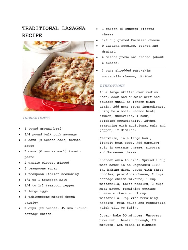 TRADITIONAL LASAGNA RECIPE - Docx Cii Frie | PDF | Lasagne | Teaspoon