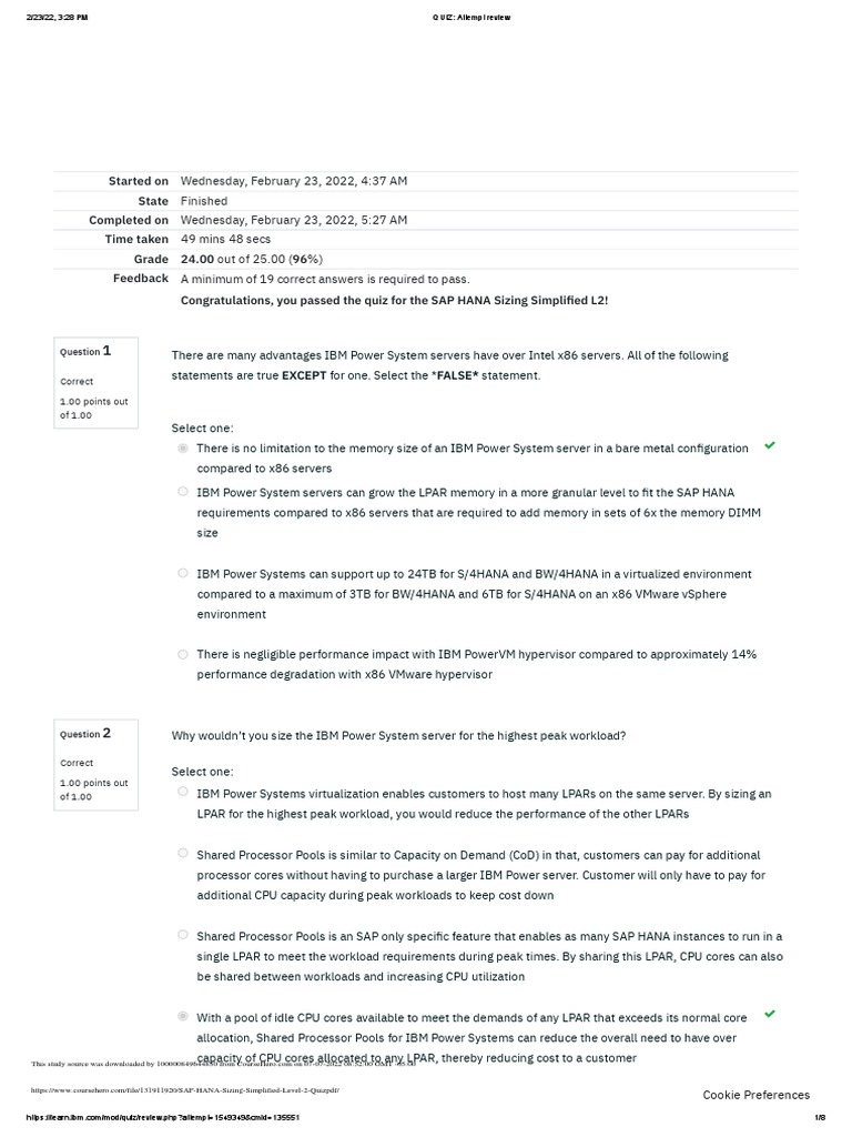 SAP HANA Sizing Simplified Level 2 Quiz PDF | PDF | Ibm Db2 | Databases