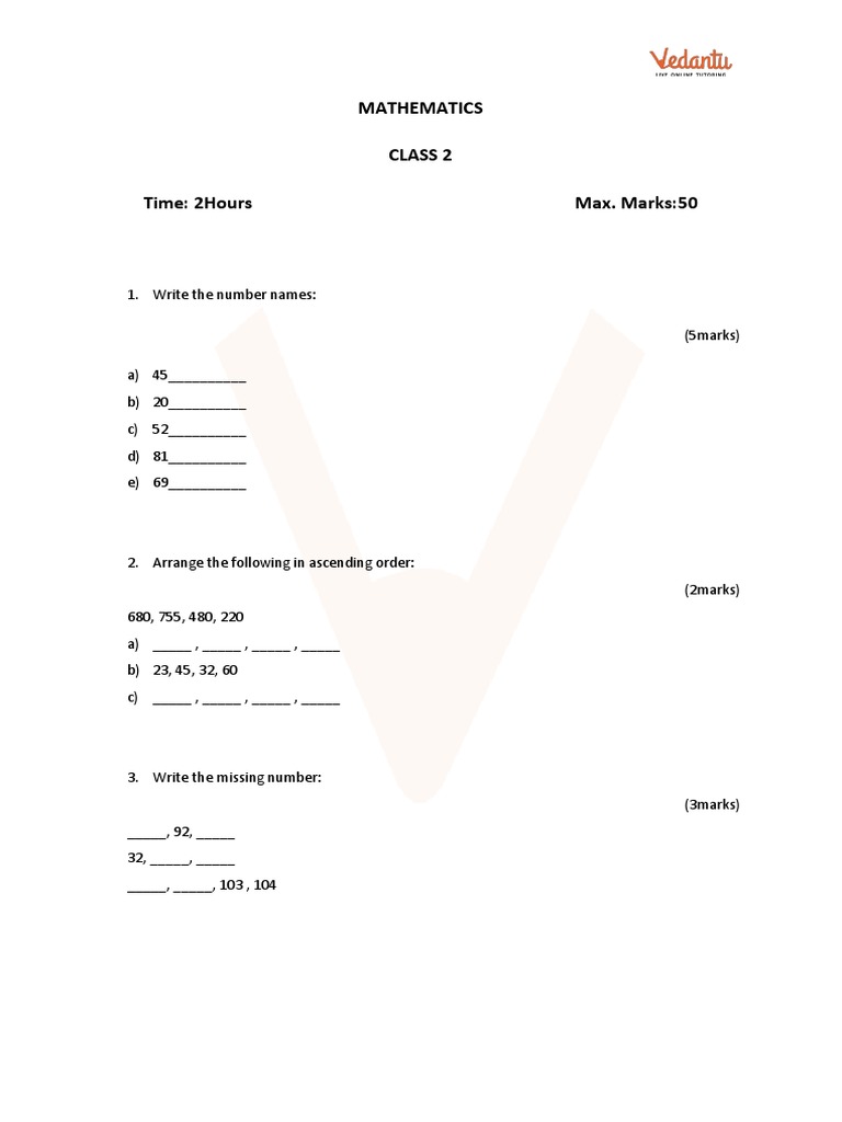 Class 2 Maths Test Paper with Answers | PDF | Numbers | Mathematics