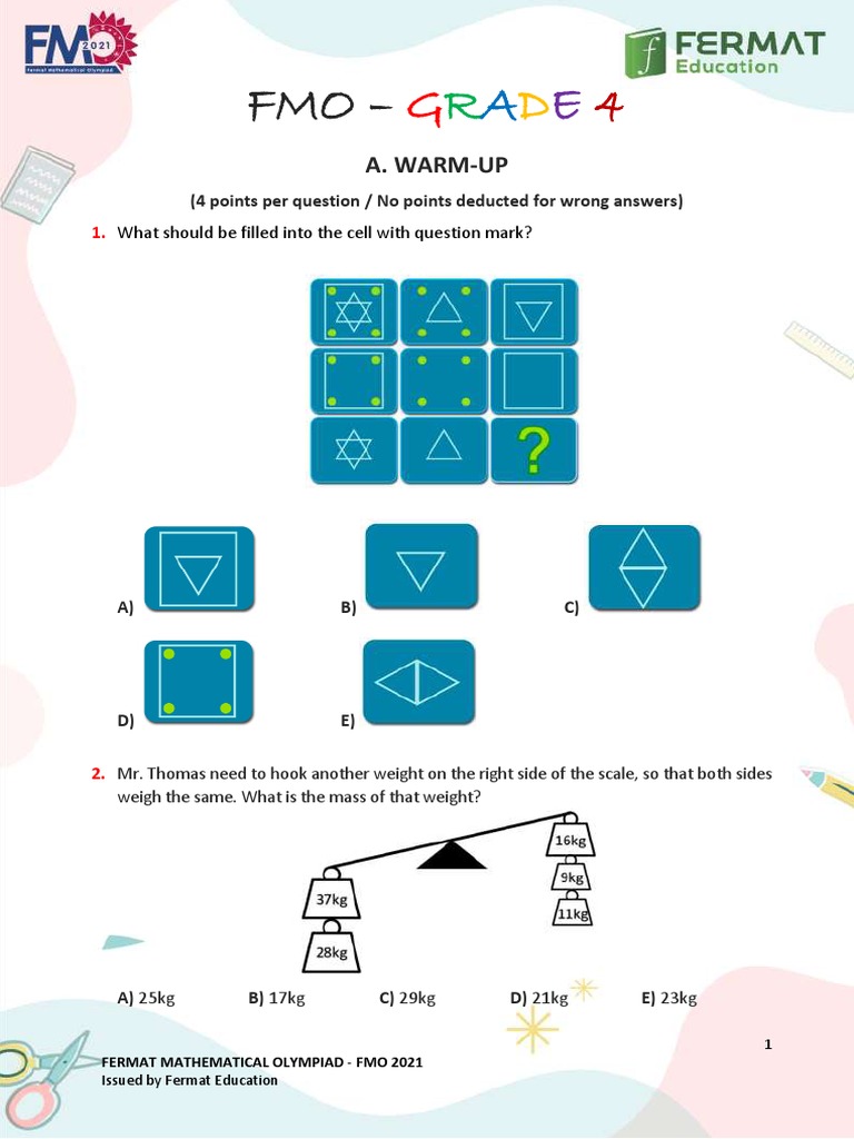 FMO - Grade 4 Math Olympiad Questions | PDF