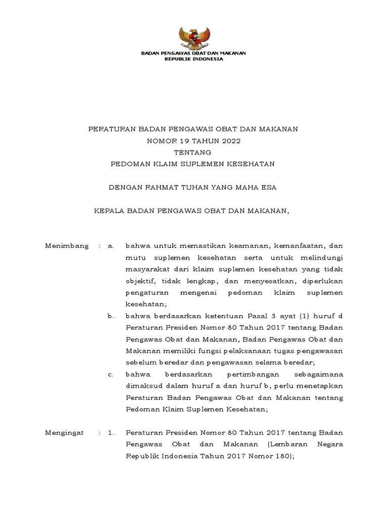 PerBPOM No. 19 Tahun 2022 Tentang Klaim SK | PDF