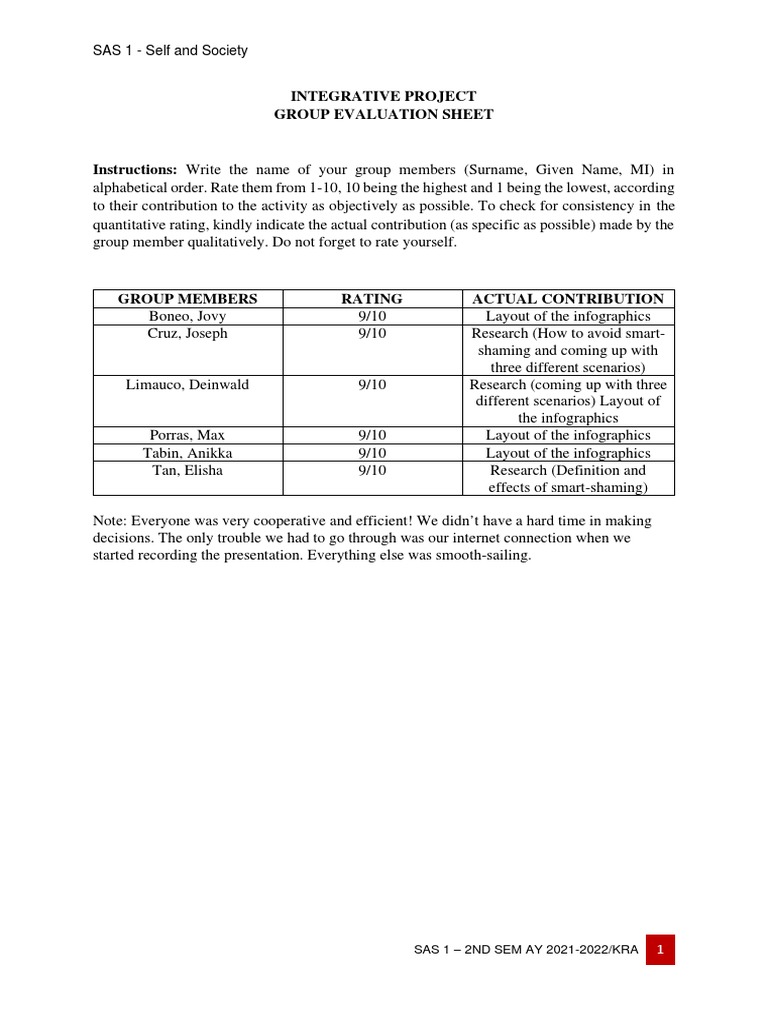 Group Evaluation for SAS 1 Project | PDF