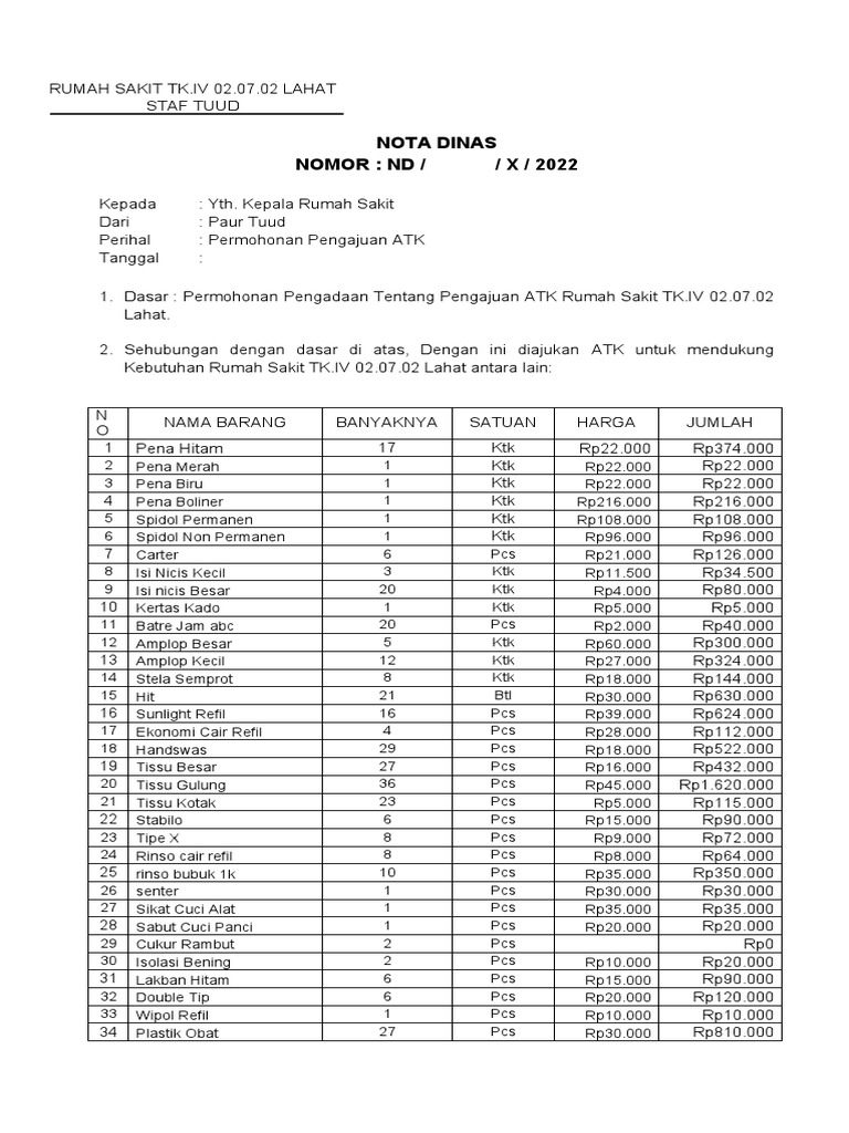 Permohonan Pengadaan ATK RS Lahat | PDF